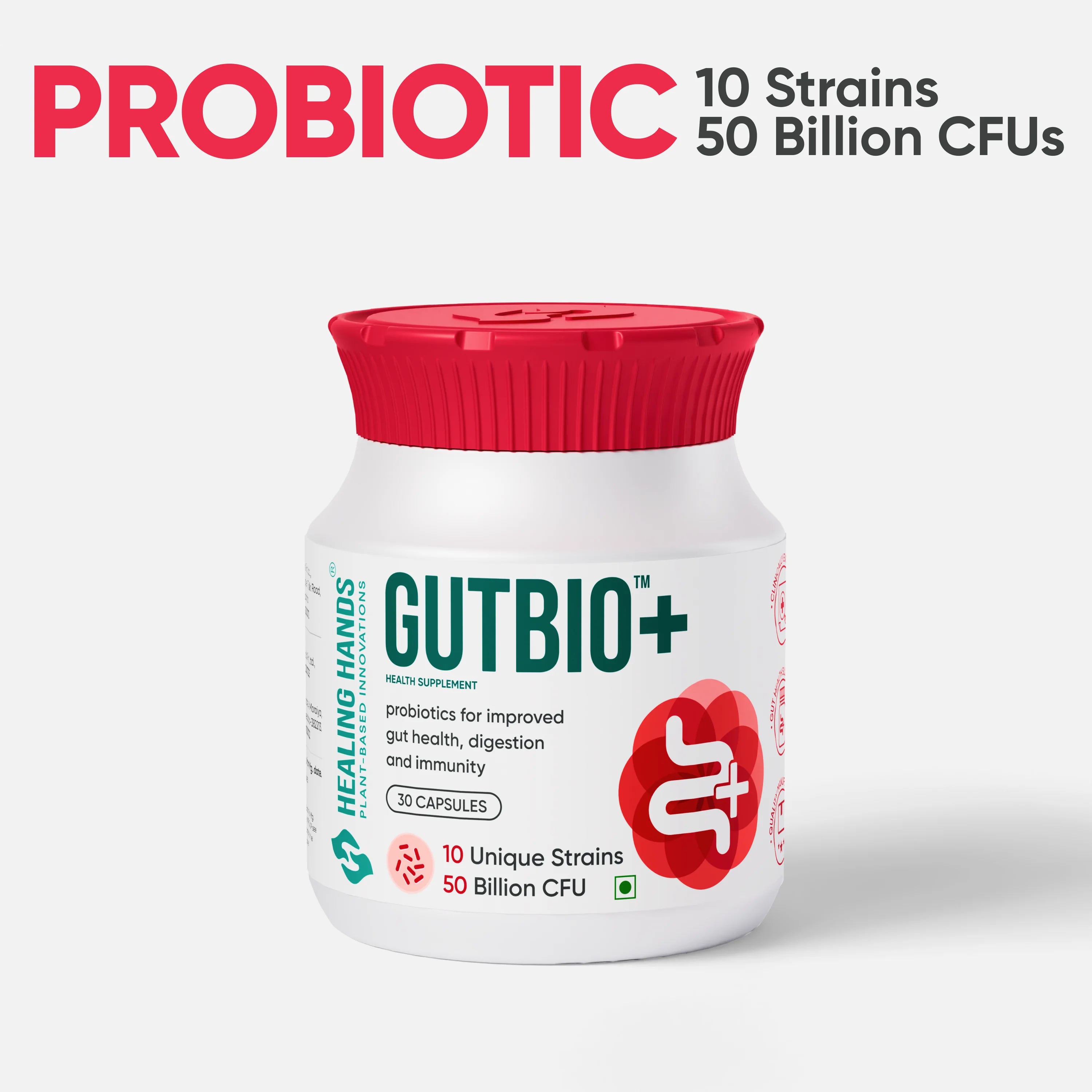 GutBio Plus Probiotic Capsules | 10 Strains - 50Bn CFUs I 30 Caps
